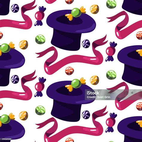 사탕 무늬가 있는 보라색 모자가 있는 패턴입니다 과자 제작자의 세계 초콜릿과 캐러멜 사탕이 날아오는 모자 흰색 배경에 리본 인쇄 포장 0명에 대한 스톡 벡터 아트 및 기타