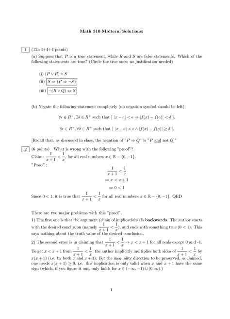 Midterm Solutions Math Reasoning Math 310 Docsity