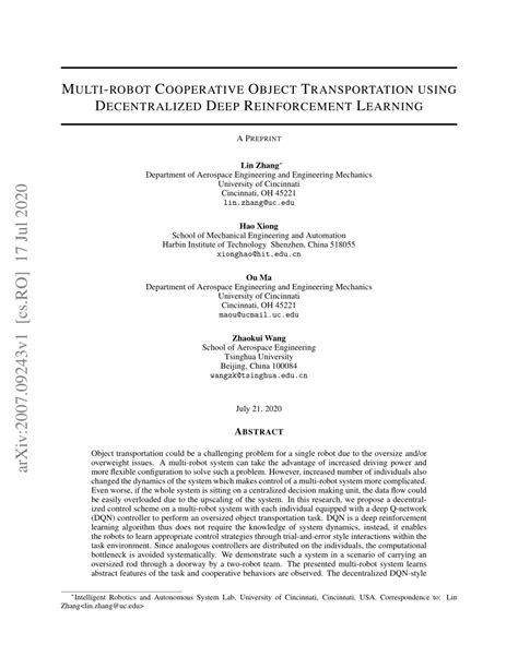 Pdf Multi Robot Cooperative Object Transportation Using Decentralized