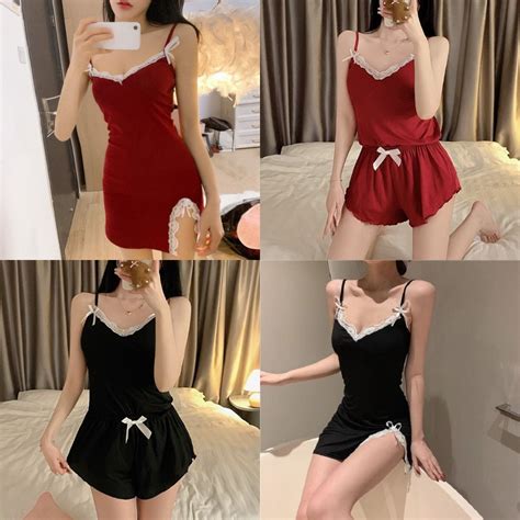 Tesn Baju Tidur Perempuan Women Sexy V Neck Lace Bow Sleeveless