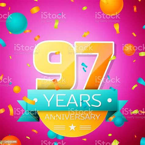 현실적인 97 년 기념일 축 하 디자인 배너입니다 골드 번호와 청록색 리본 풍선 분홍색 배경에 색종이 당신의 생일 파티를 위한