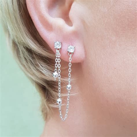 Double Piercing Earring Double Lobe Post Earring Cubic Zirconia Studs