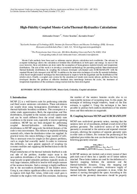 Pdf High Fidelity Coupled Monte Carlo Thermal Hydraulics Calculations