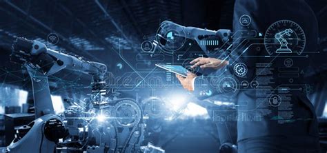 engineer manager controlling robotics on motoring system stock image