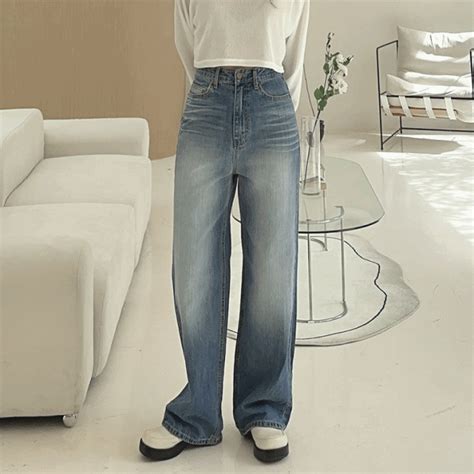 가벼운원단진청 턴스 하이웨스트 워싱 일자 와이드 데님 팬츠 에이블리