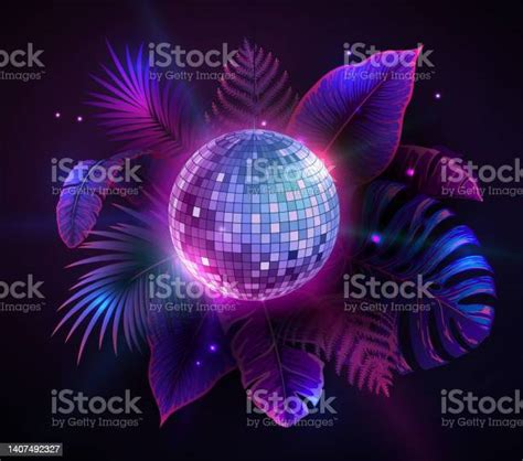 형광 열대 잎을 가진 디스코 볼 그림 자연 개념 여름 파티 포스터 벡터 일러스트 레이 션 미러볼에 대한 스톡 벡터 아트 및 기타