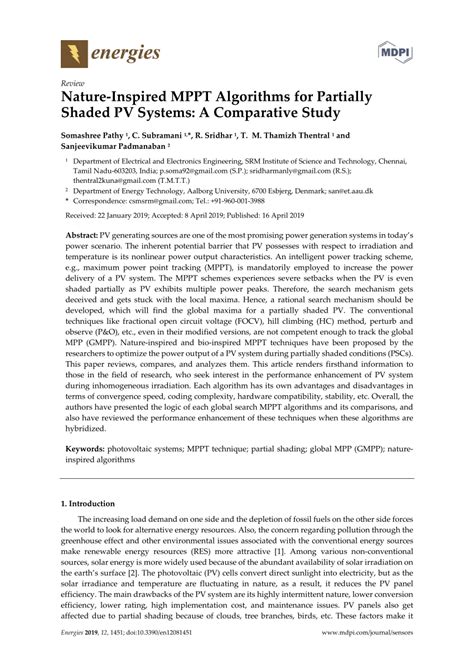 Pdf Nature Inspired Mppt Algorithms For Partially Shaded Pv Systems