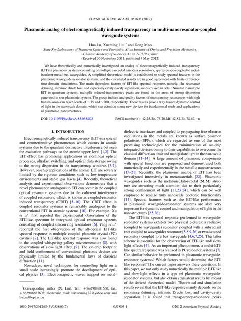 Pdf Plasmonic Analog Of Electromagnetically Induced Transparency In Multi Nanoresonator