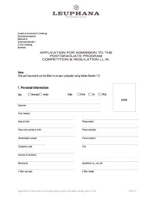 Fillable Online Leuphana APPLICATION FOR ADMISSION TO THE POSTGRADUATE PROGRAM Fax Email Print