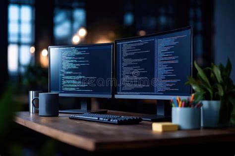 Modern Office Desk Displays Two Computer Screens With Code Keyboard