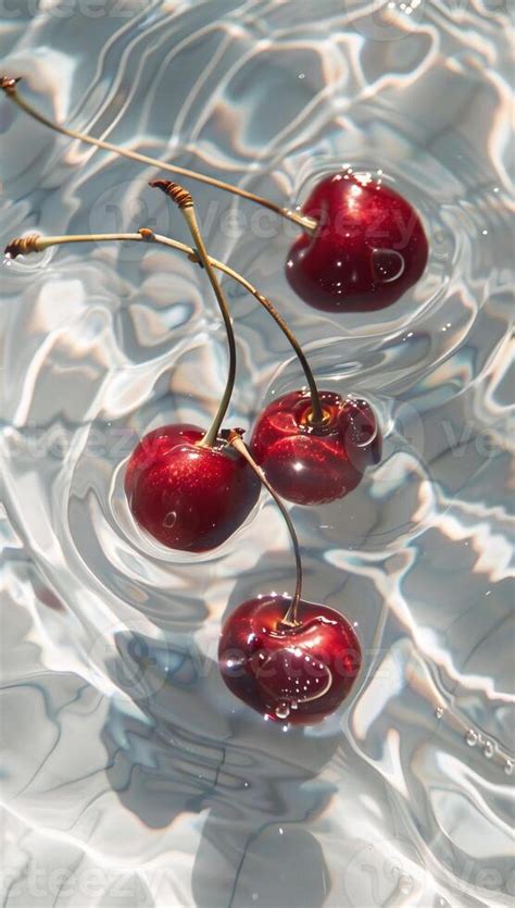 A Photo Of Floating Red Cherries In Water With A Beautiful Light