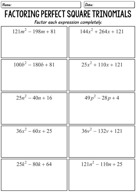 Factoring Perfect Squares Worksheet