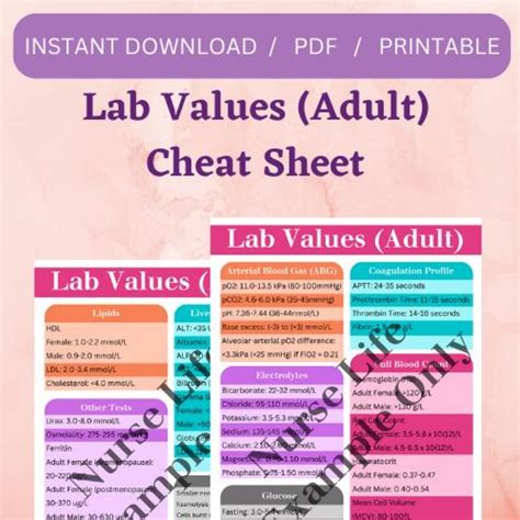 Cheat Sheet Lab Values Adult Etsy