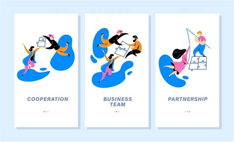 모바일 앱 페이지 디자인 템플릿 비즈니스 팀 협력 컨설팅 파트너십 및 협업 개념 사람들은 퍼즐 조각을 함께 넣어 Ui 방문 페이지 벡터 평면 추상 그림 프리미엄 벡터