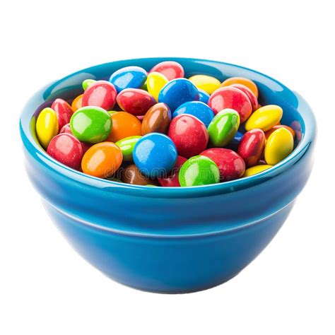 Blue Bowl Overflowing With Colorful Candy On White Background Stock