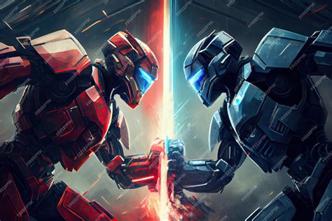 Два робота красный и синий сражаются друг с другом на футуристической арене созданной с