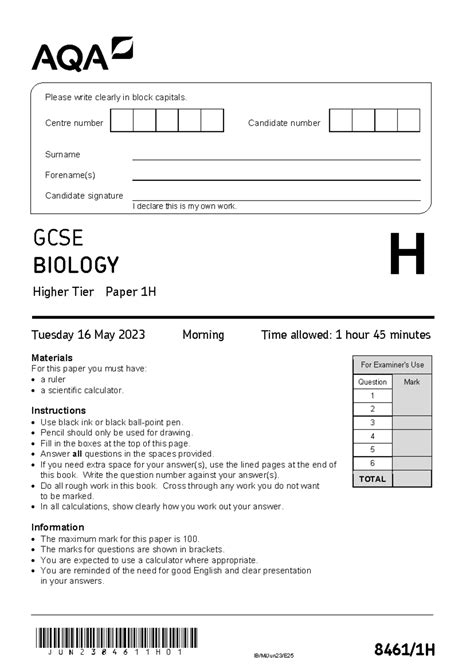 Aqa Gcse Combined Science Trilogy Biology Higher Paper 1 Mark Scheme