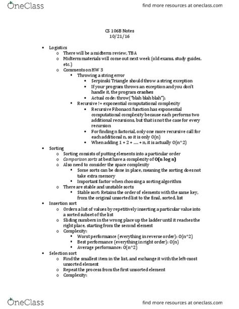 Class Notes For CS B At Stanford University