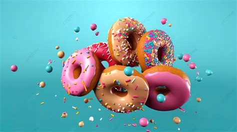 공중 도넛 3d로 만들어진 파스텔 배경에 뿌려진 활기찬 달콤한 도넛의 융합 도넛 달콤한 배경 케이크 배경 배경 일러스트 및