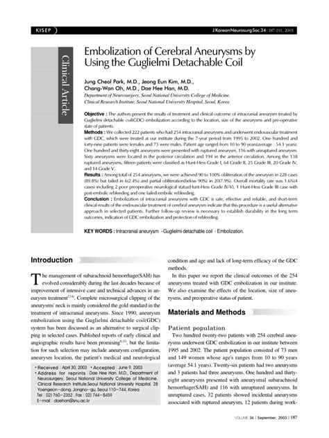 Pdf Embolization Of Incidental Cerebral Aneurysms By Using The Guglielmi Detachable Coil System