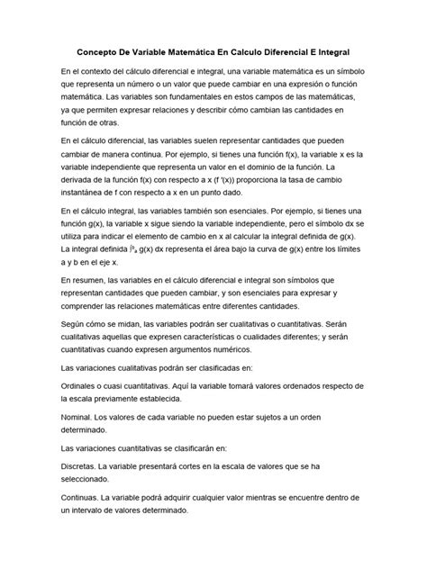 Concepto De Variable Matemática En Calculo Diferencial E Integral Pdf