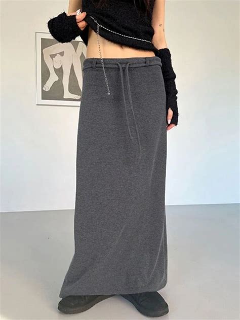 Solid Low Rise Drawstring Knit Maxi Skirt Gray M Anotherchill