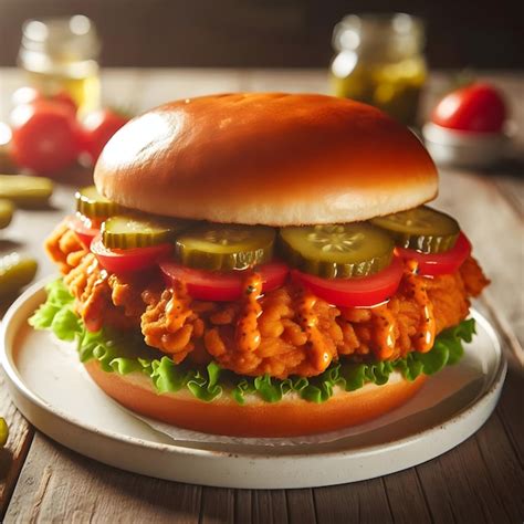 A Hot And Crispy Chicken Sandwich With Pickles And Spicy Mayo Placed On