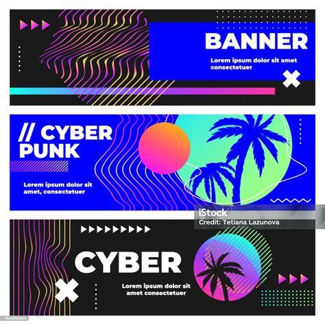 사이버 펑크 배너 원 프레임의 밝은 네온 불빛에 손바닥 잎과 일몰 80 년대 또는 90 년대의 증기파 레트로 웨이브 또는 신디웨이브 스타일 0명에 대한 스톡 벡터 아트 및