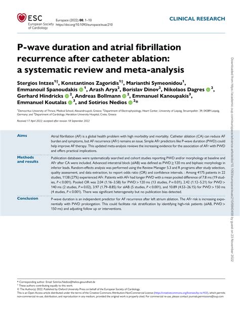 Pdf P Wave Duration And Atrial Fibrillation Recurrence After Catheter Ablation A Systematic