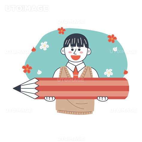 유토이미지 웃으며 연필들고 있는 남자 학생 벡터이미지 일러스트