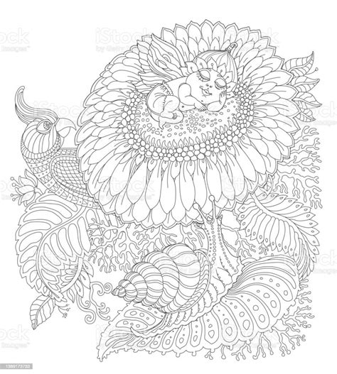 나비 날개 카모마일 꽃 열대 잎 단풍 동화 앵무새 달팽이를 가진 벡터 판타지 픽시 아기 흑인과 백인 성인과 어린이 색칠 공부 책 페이지 0명에 대한 스톡 벡터 아트 및 기타