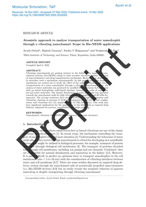 Pdf Atomistic Approach To Analyse Transportation Of Water Nanodroplet Through A Vibrating