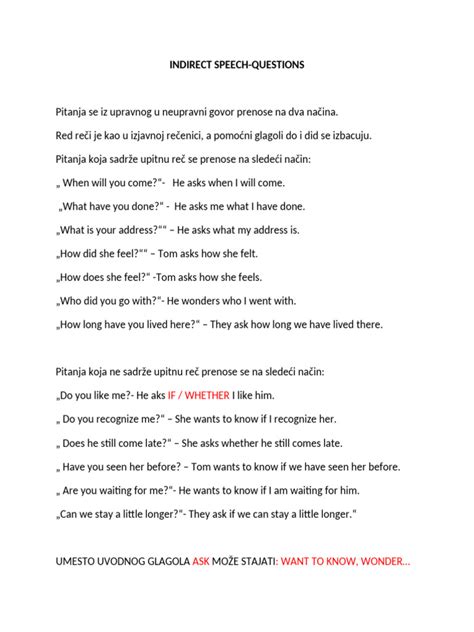 Indirect Speech Questions Pdf