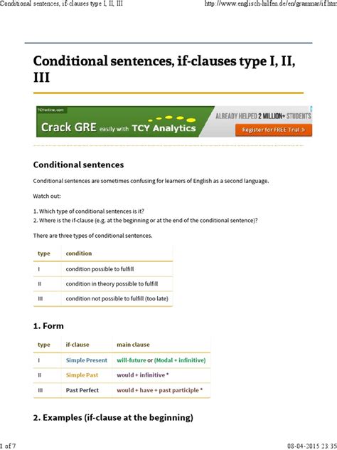 Conditional Sentences If Clauses Type I Ii Iii Pdf Pdf English Language Verb