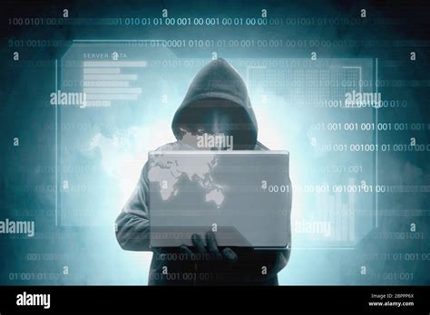 Hacker In Black Hoodie Holding Laptop With Virtual Display Server Data Chart Bar Binary Code