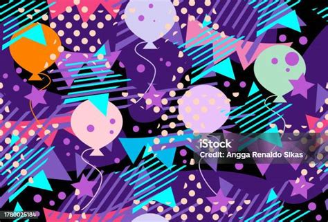 풍선 별 깃발 점 및 추상적 인 기하학적 모양으로 생일 완벽 한 패턴 디자인 기하 도형에 대한 스톡 벡터 아트 및 기타 이미지 기하 도형 드로잉 디자인 Istock