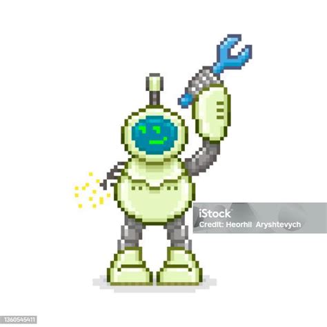 다른 한편으로는 렌치와 한 손없이 로봇의 화면에 만화 의아해 얼굴의 간단한 벡터 픽셀 아트 그림 Brand Name Video Game에 대한 스톡 벡터 아트 및 기타