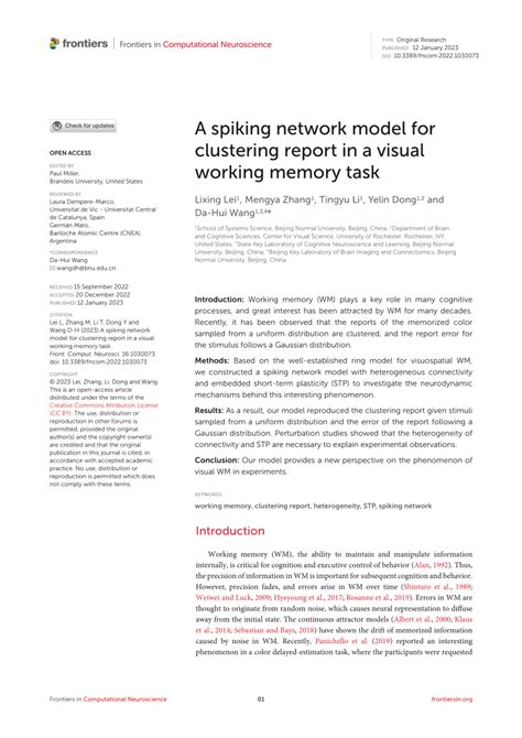 Pdf A Spiking Network Model For Clustering Report In A Visual Working