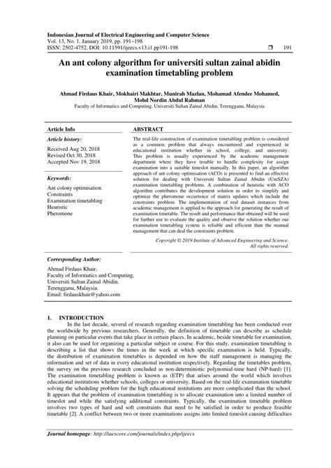 Pdf An Ant Colony Algorithm For Universiti Sultan Zainal Abidin Examination Timetabling Problem
