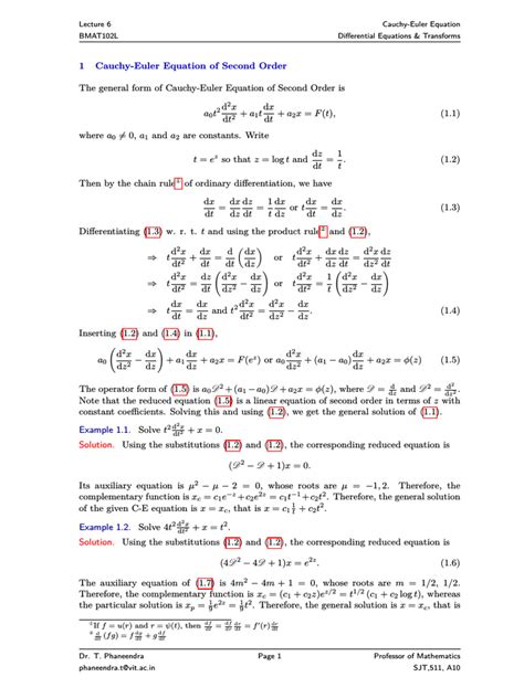 Lecture 6 Cauchy Euler Equation Pdf Equations Applied Mathematics