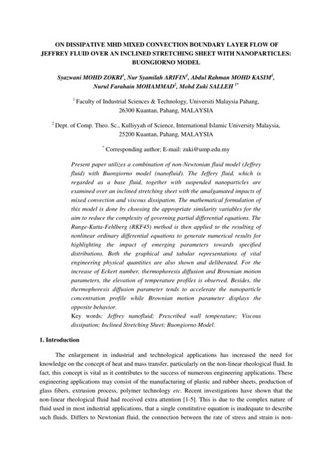 Pdf On Dissipative Mhd Mixed Convection Boundary Layer Flow Of Jeffrey Fluid Over An Inclined