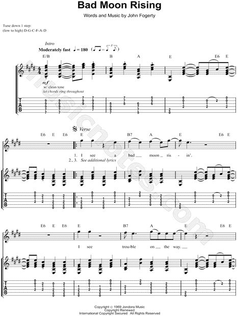 Bad Moon Rising Official Sheet Music For Guitar Tab By Creedence