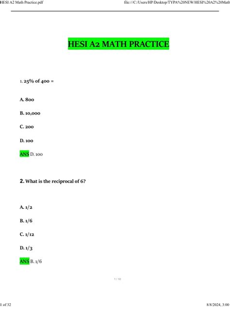 2024 Hesi A2 Math Practice Updated 2024 2025 Questions And Verified Answers 100