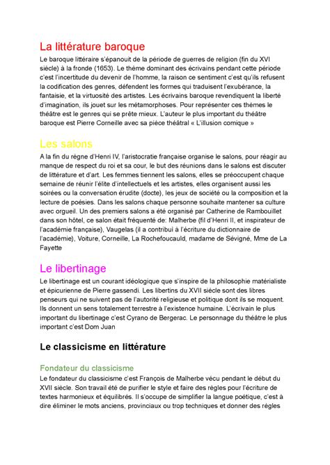 Le Xvii Siècle Avec Le Baroque Et Le Classicisme Appunti Di Francese Docsity