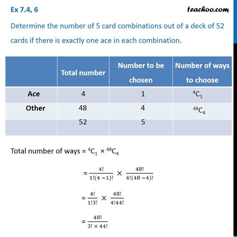Ex 6 4 6 Determine Number Of 5 Card Combinations If Exactly One Ace