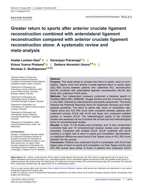 Pdf Greater Return To Sports After Anterior Cruciate Ligament Reconstruction Combined With