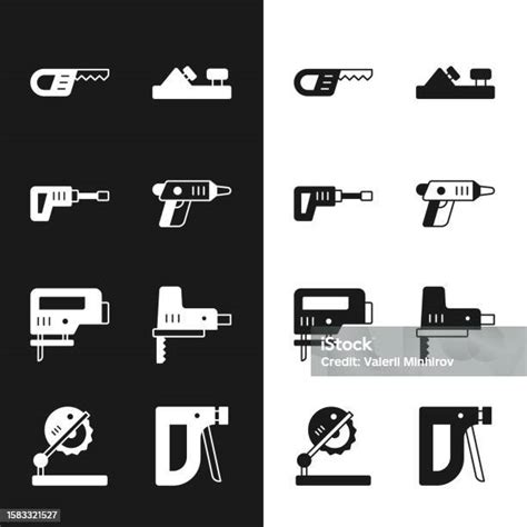 전기 무선 드라이버 로터리 해머 드릴 머신 왕복 톱 목재 평면 도구 퍼즐 건설 스테이플러 및 목공 아이콘 테이블을 설정합니다 벡터 Rotary International에
